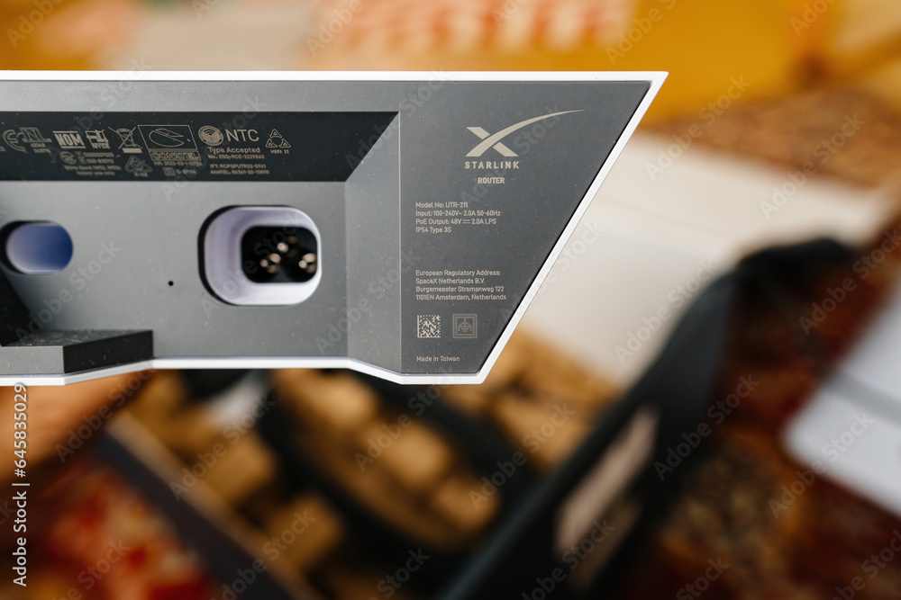 Bremen, Germany - Aug 14, 2023: A close-up view of the Starlink Router ...