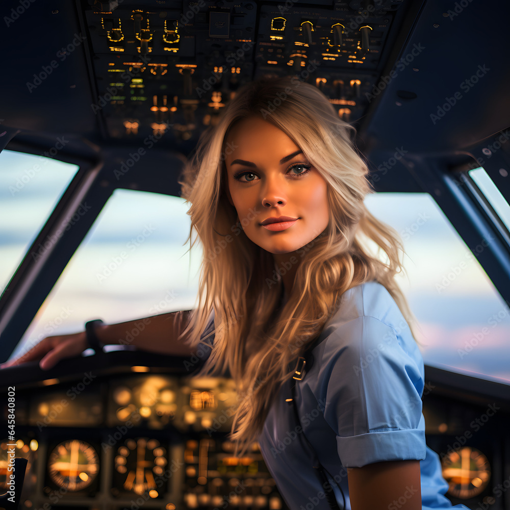 two woman sitting in a commercial airplane cockpit, airplane captain ...