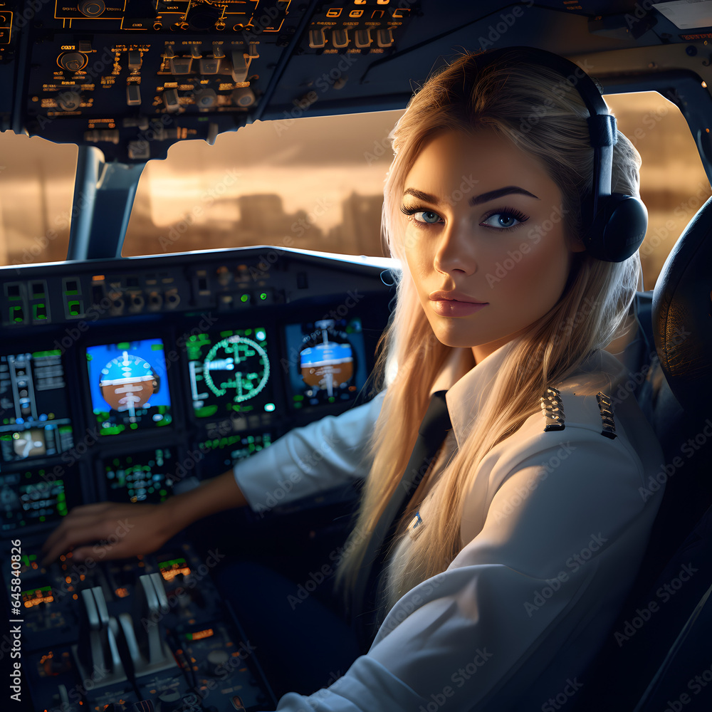 two woman sitting in a commercial airplane cockpit, airplane captain ...