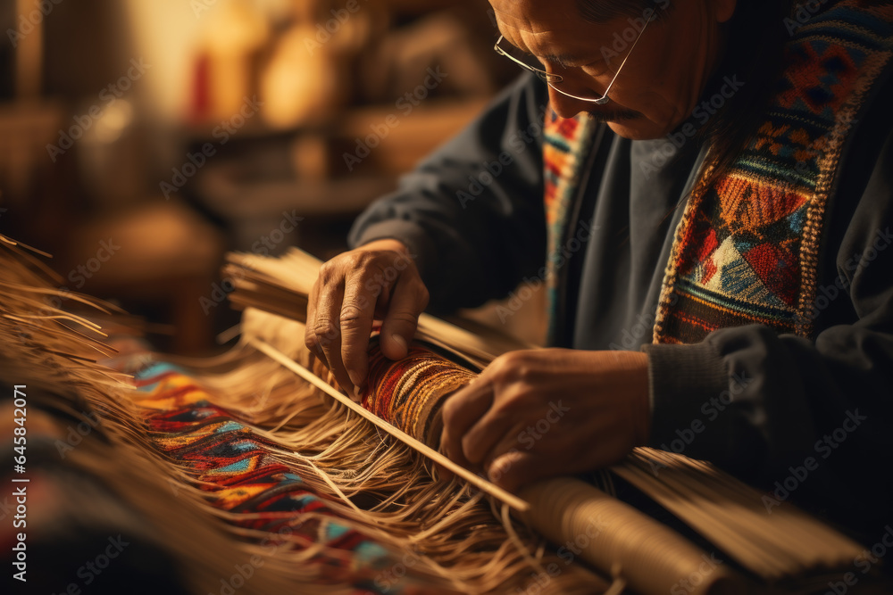 A close-up of a person's hand weaving a Navajo rug, exemplifying the ...