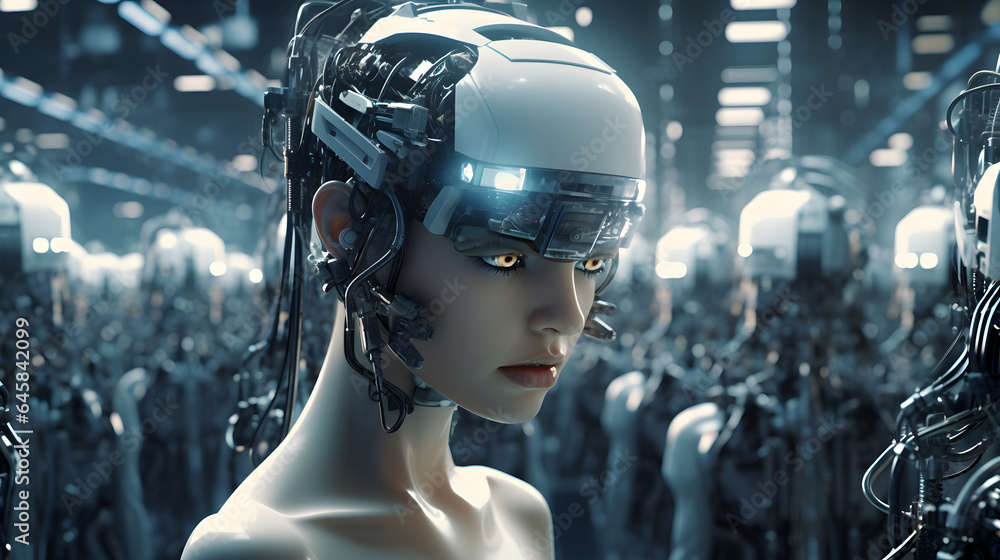 Artificial Inteligence, human connected to machine, cyborg, robot ...