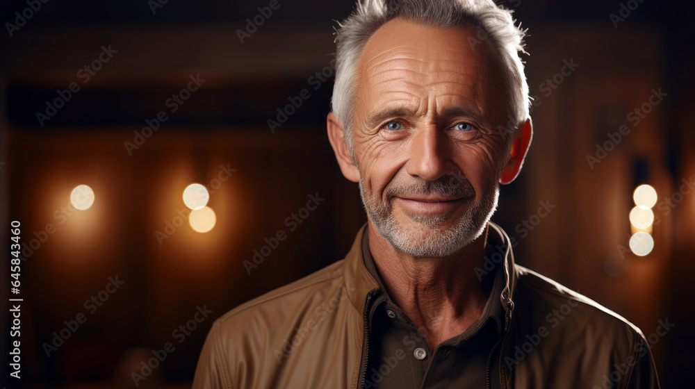 Man in 60s, displaying a wise and understanding smile, his eyes filled ...