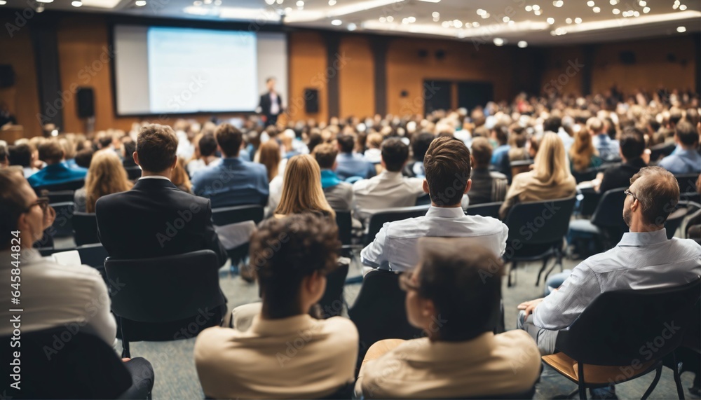 Business symposium speaker on stage with audience sitting in lecture ...