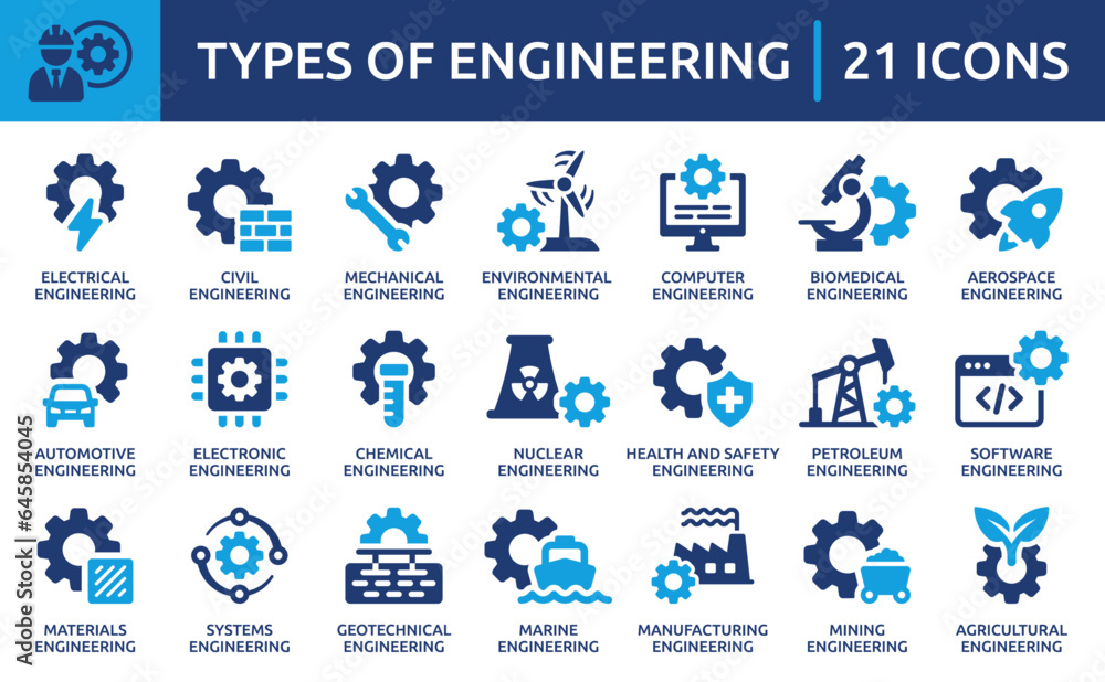 Engineering icon set. Containing electrical engineering, mechanical ...