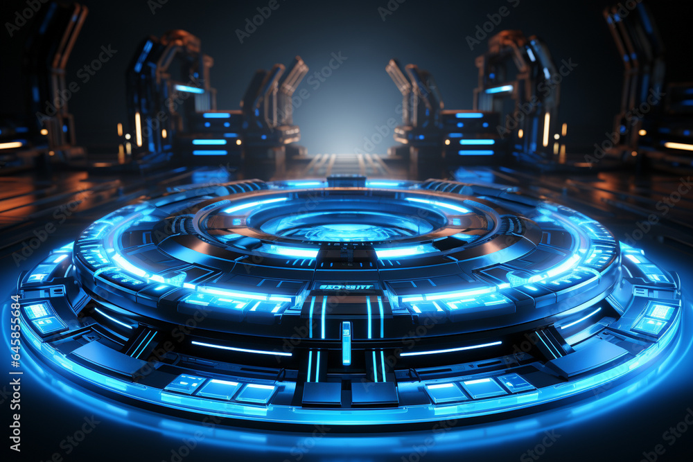 Blue spaceship interior with illuminated projector. Futuristic corridor ...