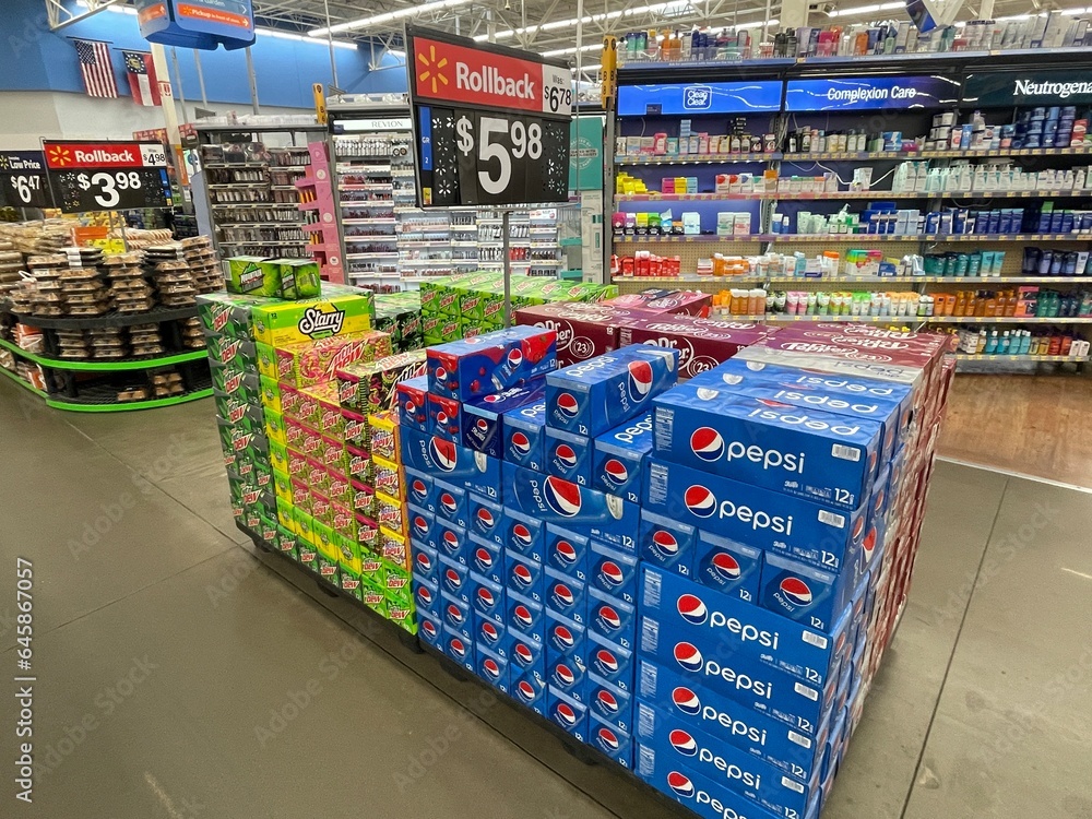 Walmart retail store interior Pepsi pallet display various soft drinks ...