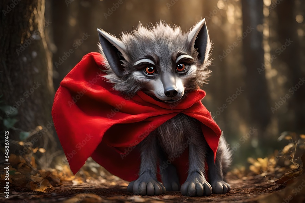 A baby werewolf with big, floppy ears and a wagging tail. It's wearing ...