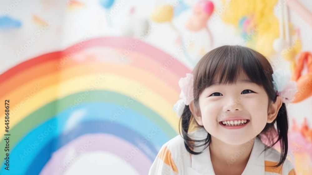Asian little girl is painting the colorful rainbow and sky on the wall ...
