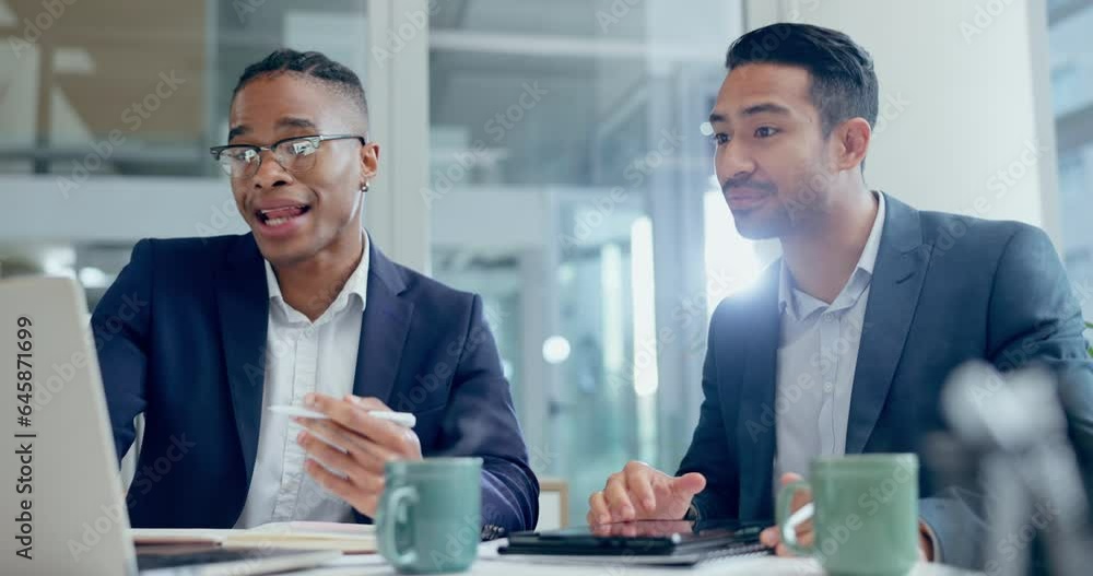 Laptop, strategy and planning with business men talking in the ...