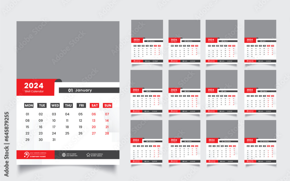 Monthly Wall calendar template for 2024 year. Week Starts on Sunday ...