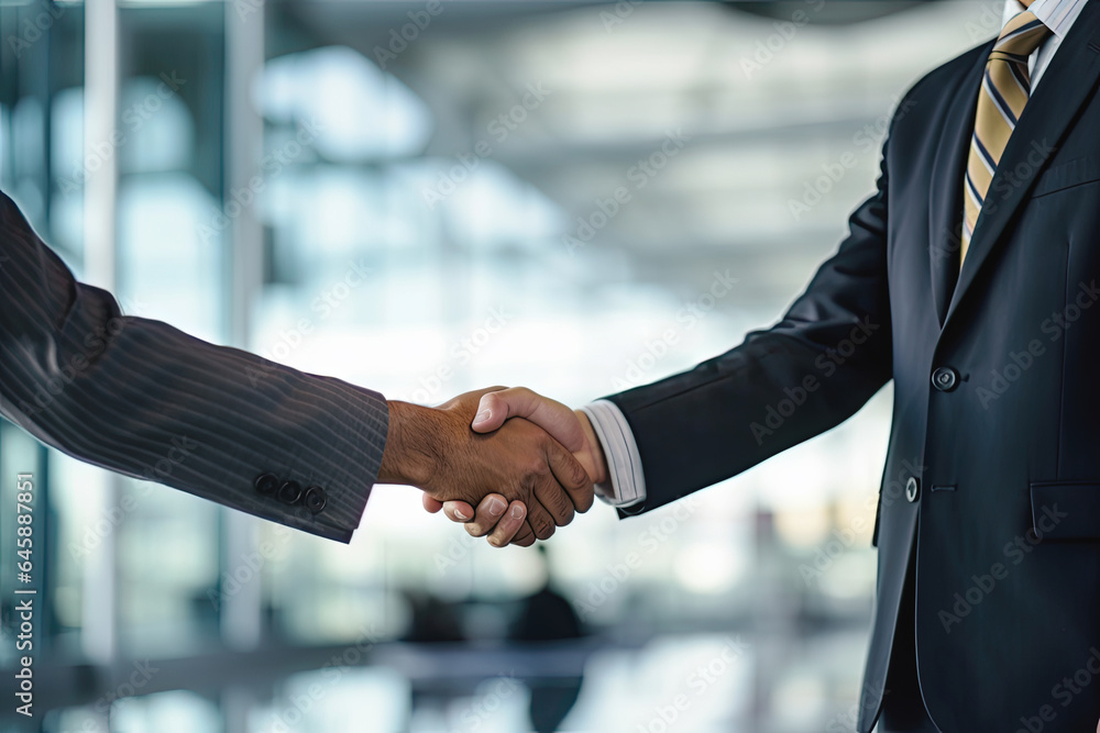 Business partners shaking hands with a hallway background at the ...