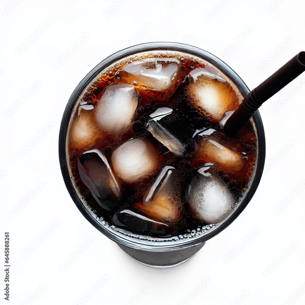 Cold brown drink in tall transparent tall glass with water droplets ...