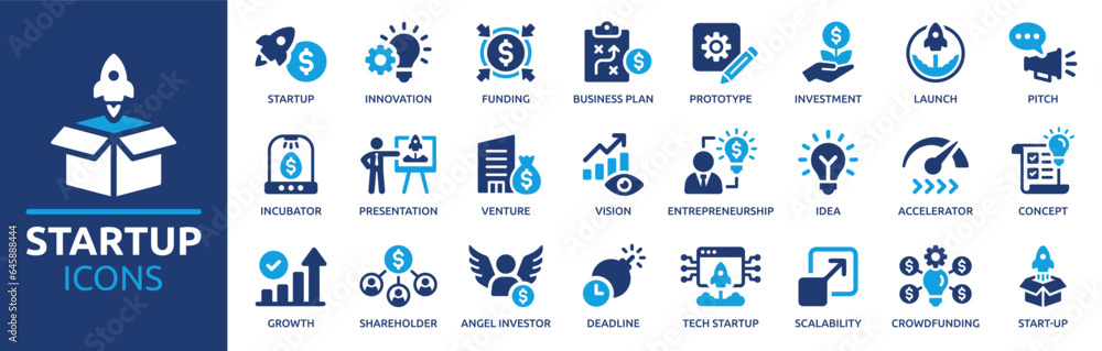 Startup icon set. Containing innovation, business plan, investment ...