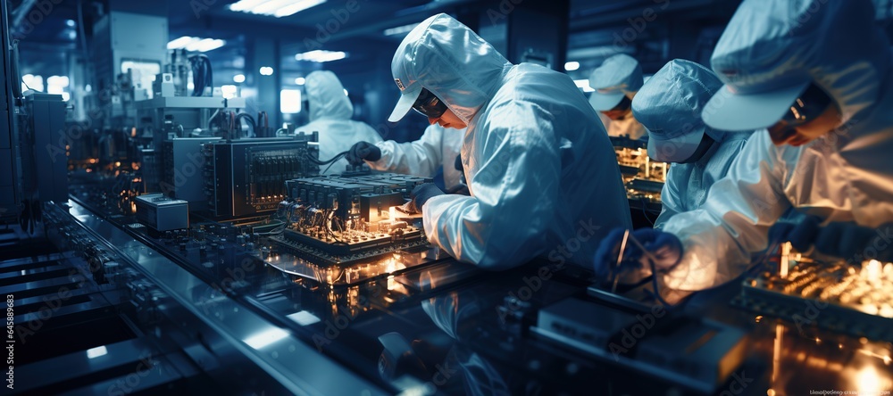 A high-tech semiconductor manufacturing facility with engineers in ...