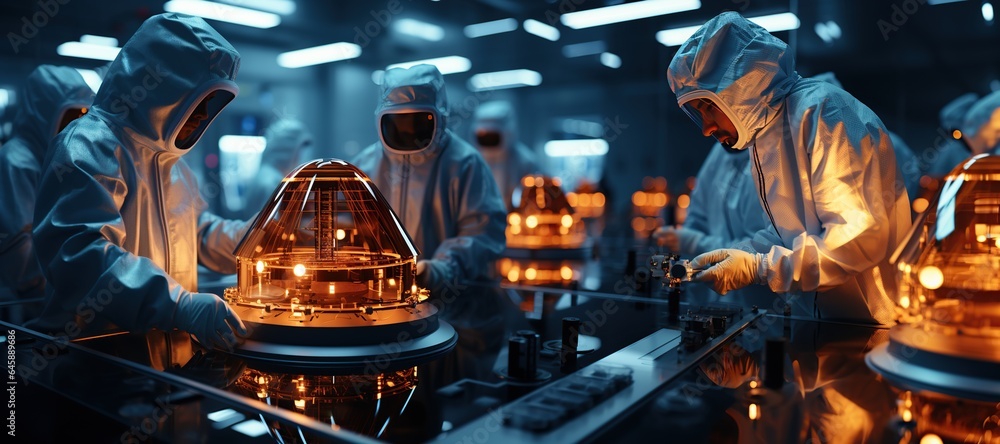 A high-tech semiconductor manufacturing facility with engineers in ...