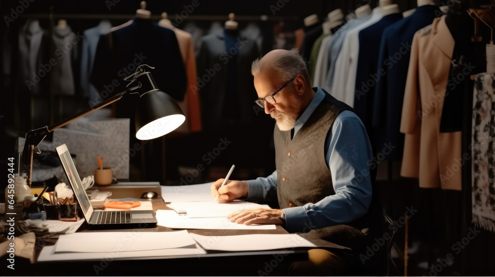 Senior Tailor, Elderly fashion designer picking sewing materials and ...