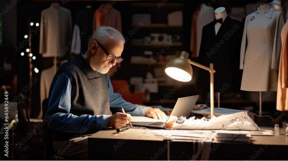 Senior Tailor, Elderly fashion designer picking sewing materials and ...