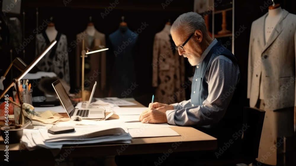 Senior Tailor, Elderly fashion designer picking sewing materials and ...