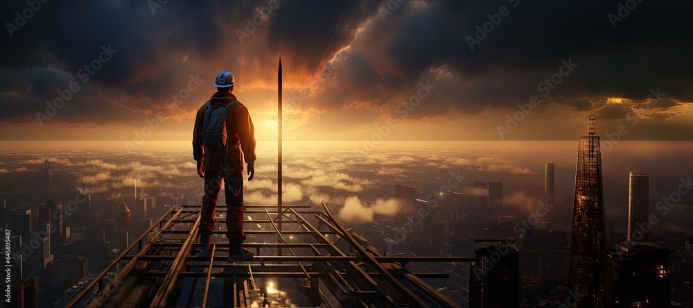 Construction Worker on Skyscraper: A construction worker balances on a ...