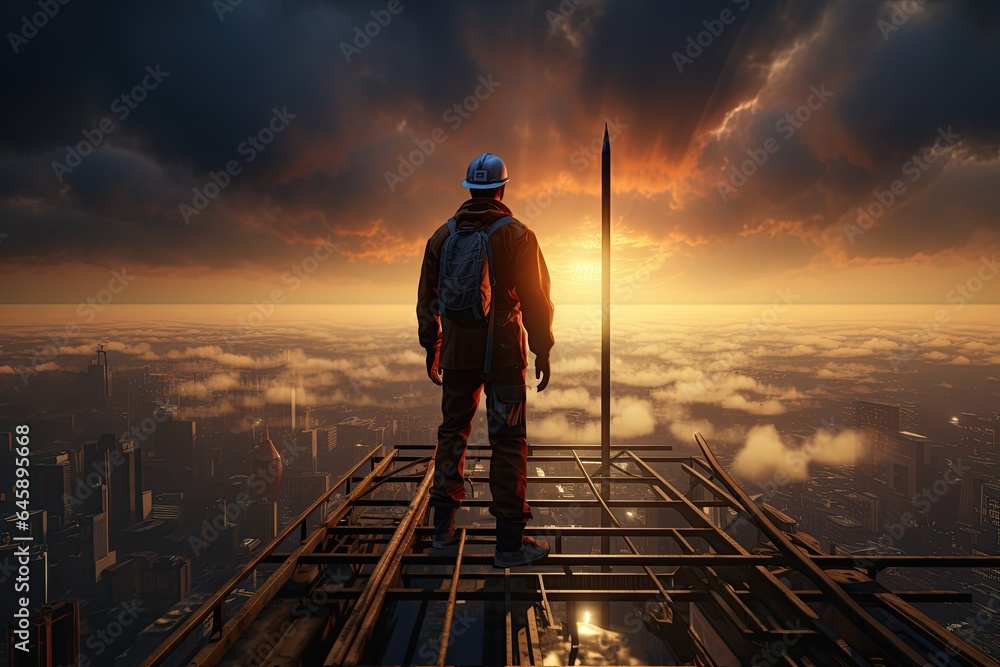 Construction Worker on Skyscraper: A construction worker balances on a ...