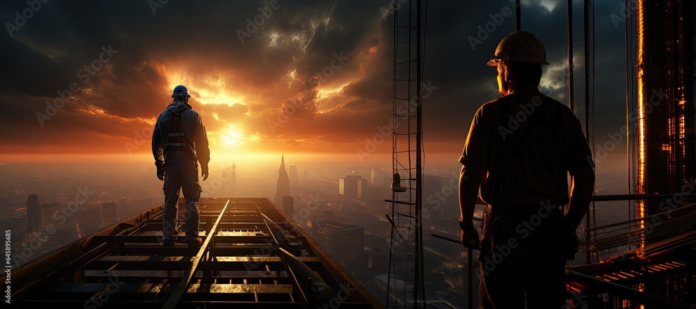 Construction Worker on Skyscraper: A construction worker balances on a ...
