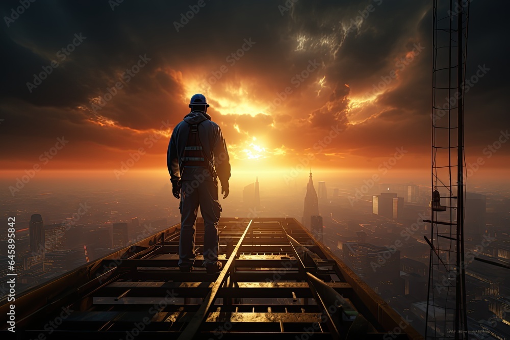 Construction Worker on Skyscraper: A construction worker balances on a ...