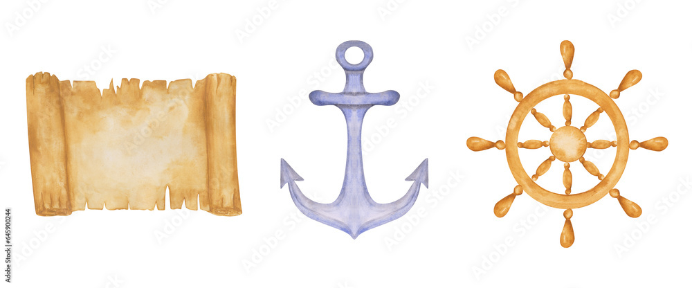 Paper scroll, anchor, and ship wheel. Set of 3 nautical illustrations ...