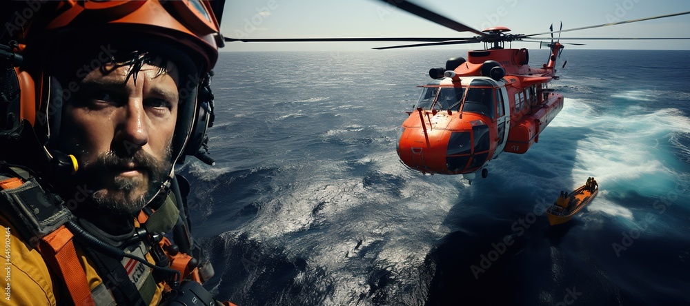 Coast Guard lifeguard descends from a helicopter onto a ship in the ...