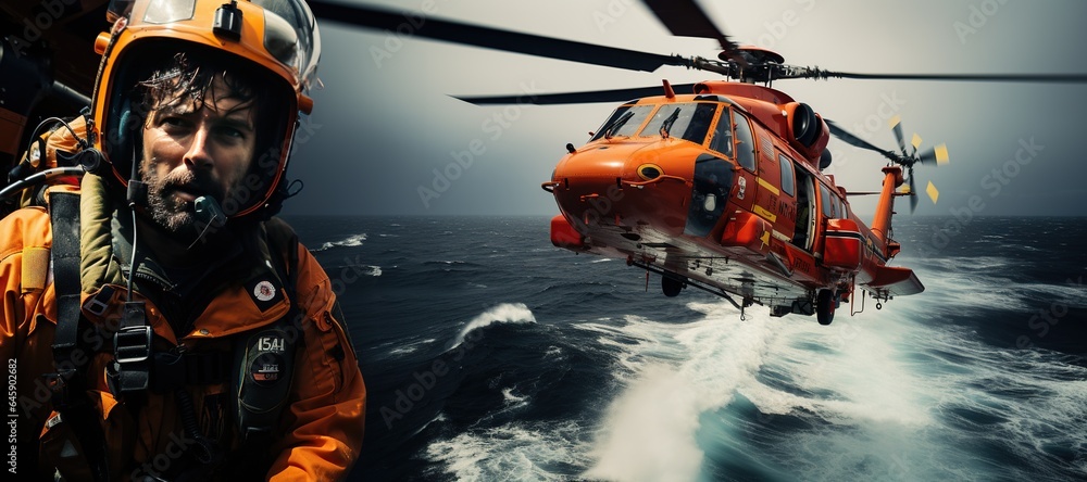 Coast Guard lifeguard descends from a helicopter onto a ship in the ...