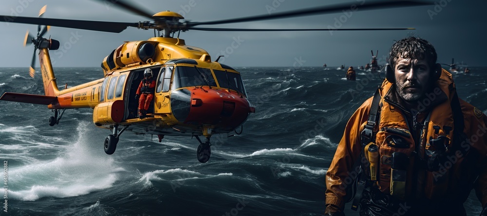 Coast Guard lifeguard descends from a helicopter onto a ship in the ...