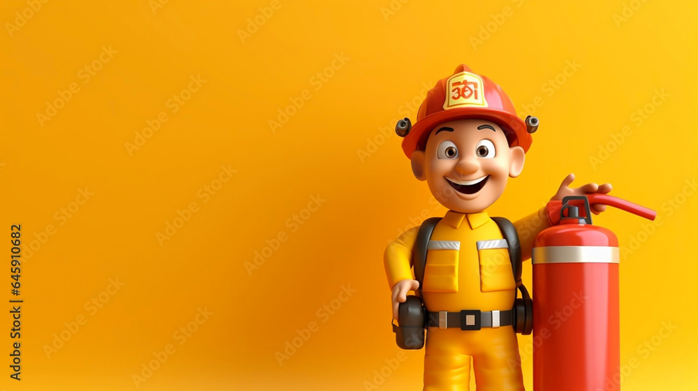 copy space, 3d render. Cartoon character caucasian fire man holding a ...