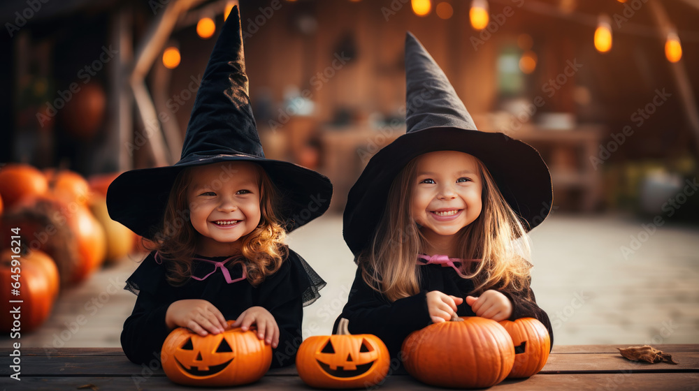 Cute little girls wearing witch suit and hats for Halloween party ...
