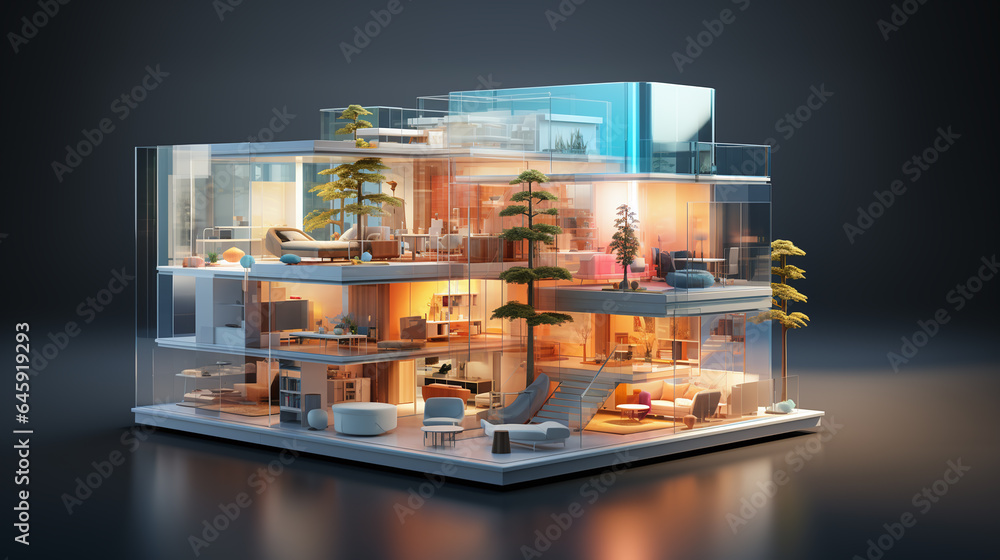 Isometric futuristic family house with glass windows and rooms interior ...