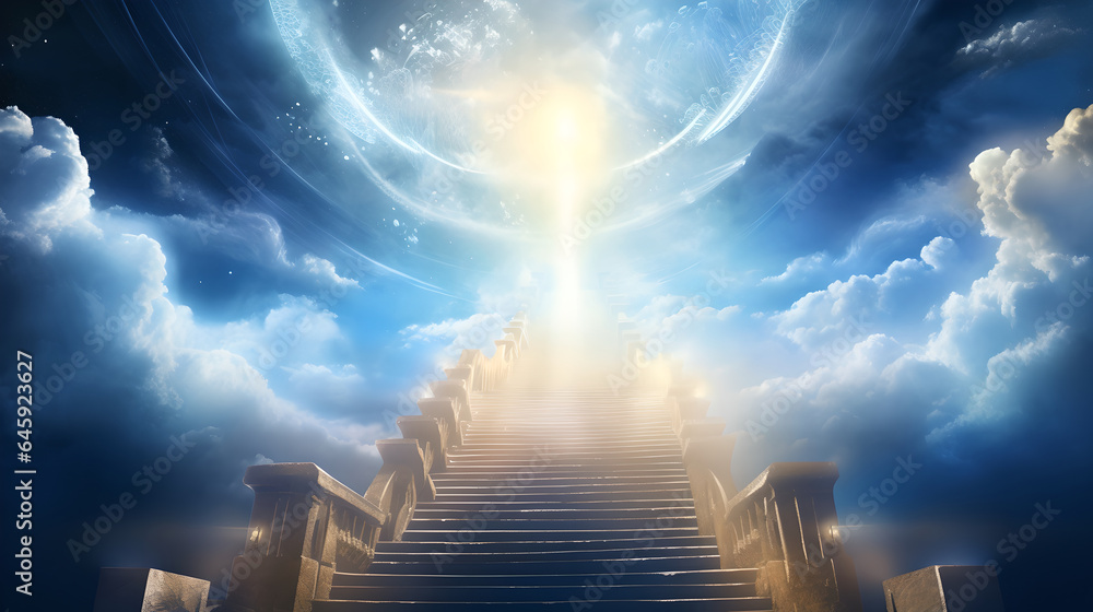 Celestial stairway leading up to heavenly sky toward the light ...