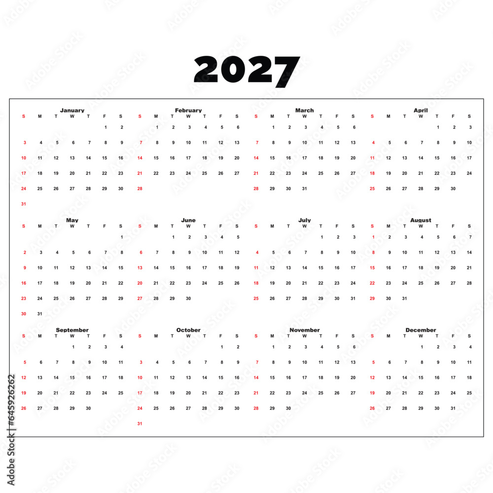 Calendar 2027 template vector, simple minimal design, Planner 2027 year ...