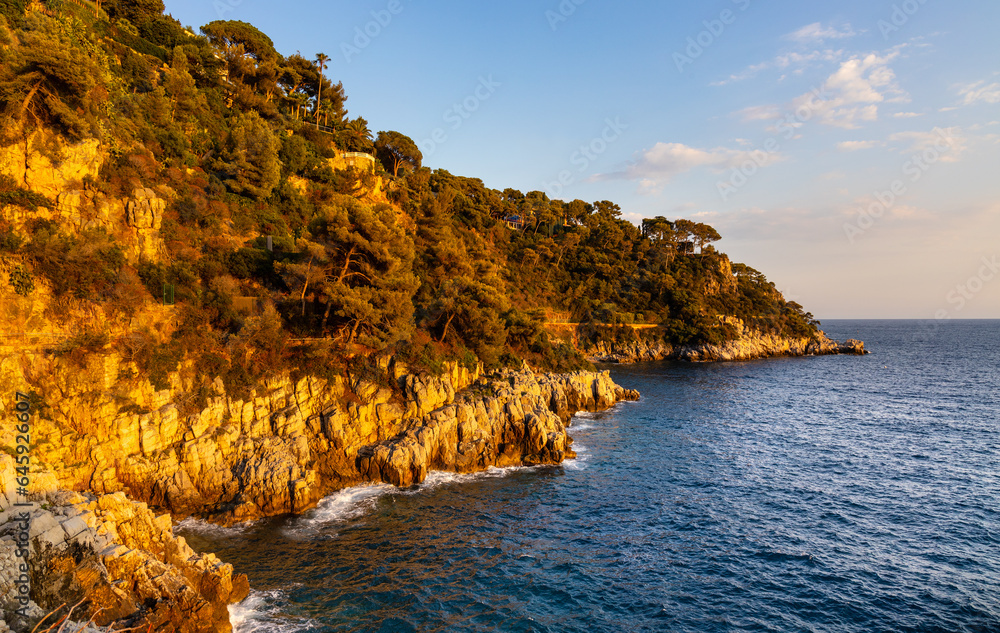 Rocks and cliffs shoreline sunset landscape of Cap Ferrat cape hosting ...