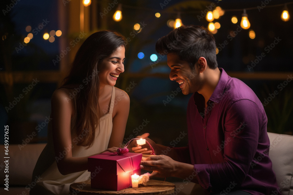 Young indian man and woman giving gift to each other on diwali festival ...