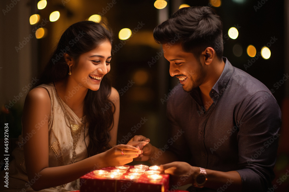 Young indian man and woman giving gift to each other on diwali festival ...
