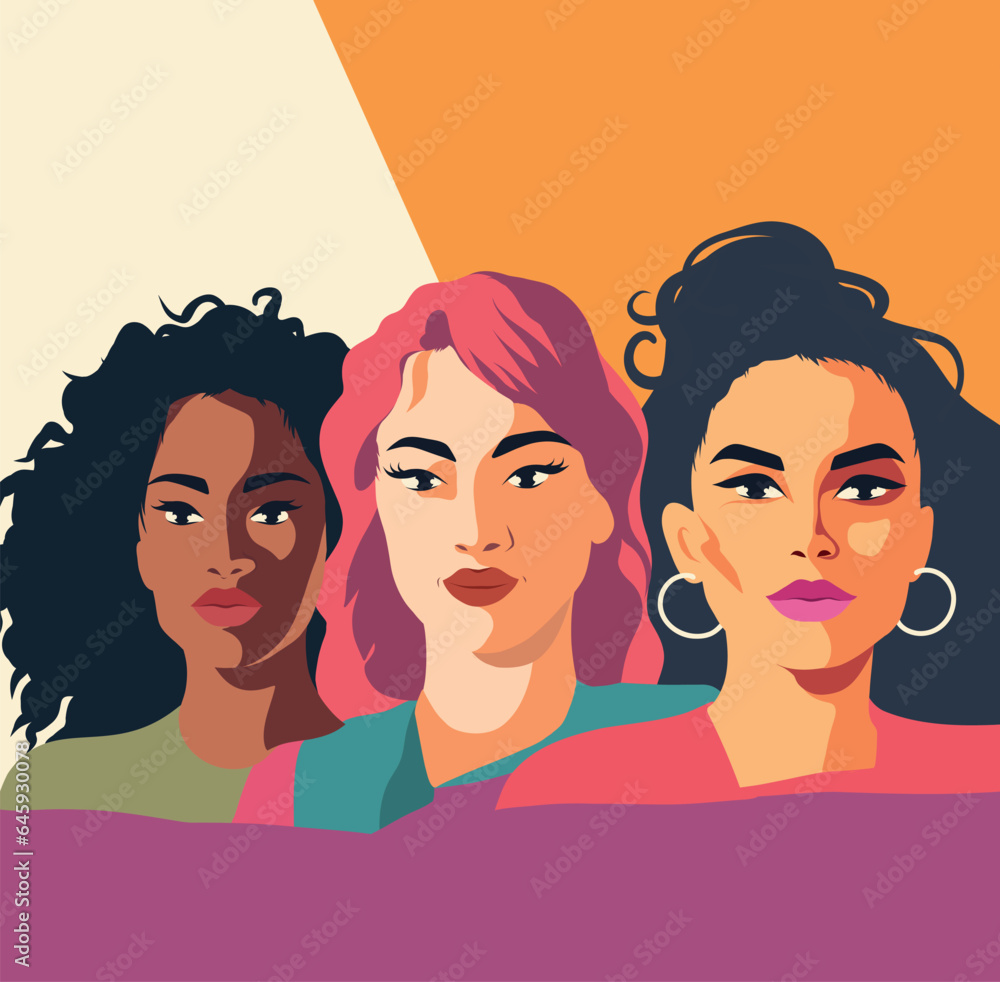 Women's Day banner. A group of beautiful women with different beauty ...