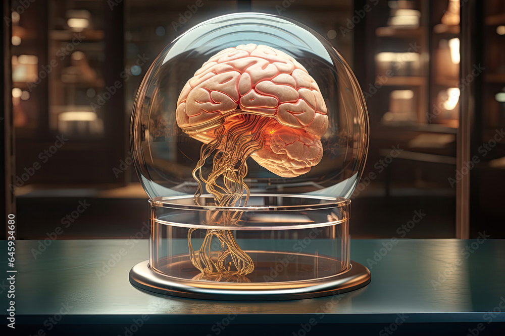Realistic brain under a glass dome, 3D realistic human brain on a ...