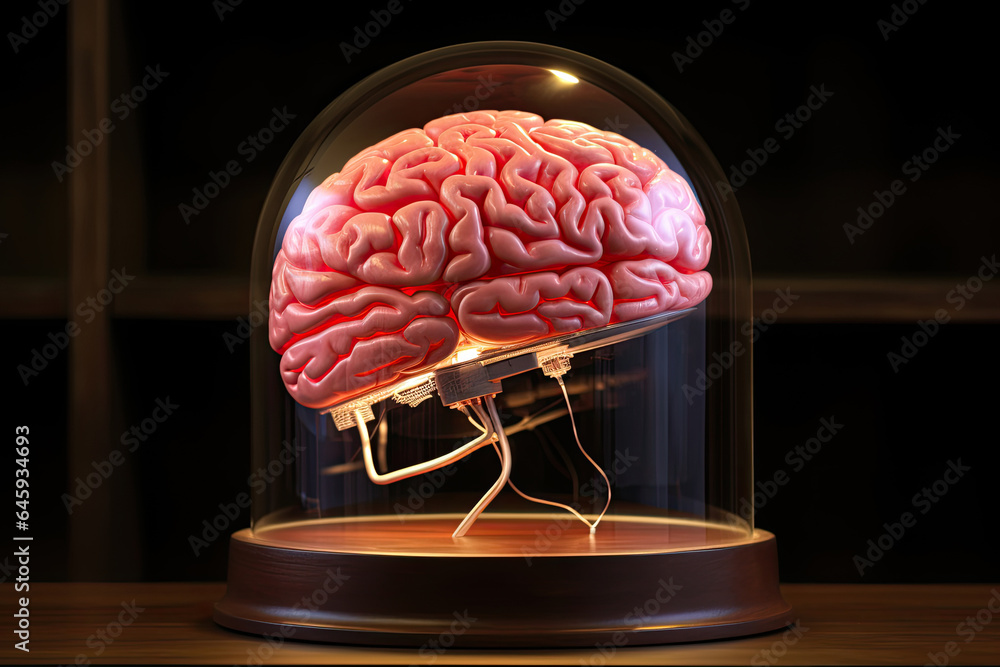 Realistic brain under a glass dome, 3D realistic human brain on a ...