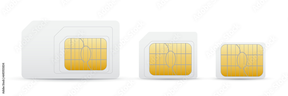 Set of different sizes SIM cards. White SIM, micro and nano cards with ...