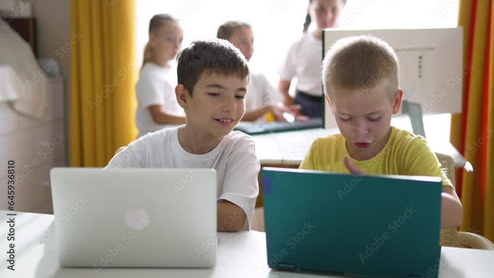 Happy team of friend.Children education at school with laptop.Children ...