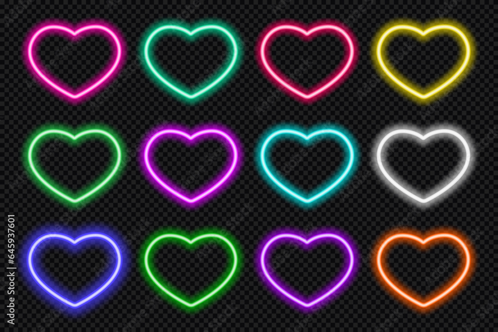 Neon heart icon set. Glowing coloful Valentine hearts shape border ...