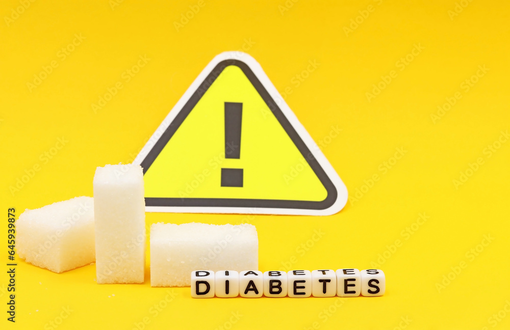The word diabetes next to the symbol of alert or danger for sugar ...