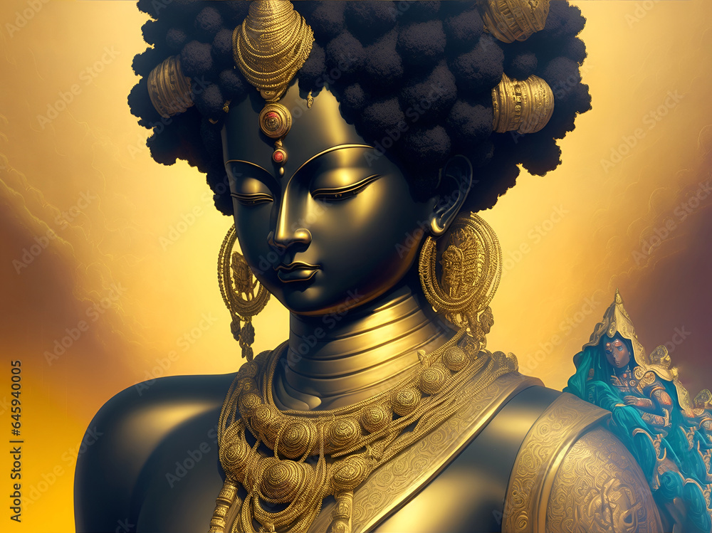 Buddha statue in Afro style. Decorative digital 2D painting. Color ...