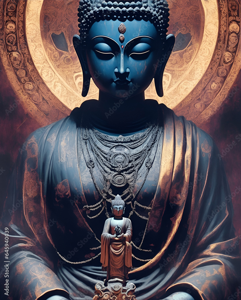 Statue of God Buddha. Decorative digital 2D painting. Color ...