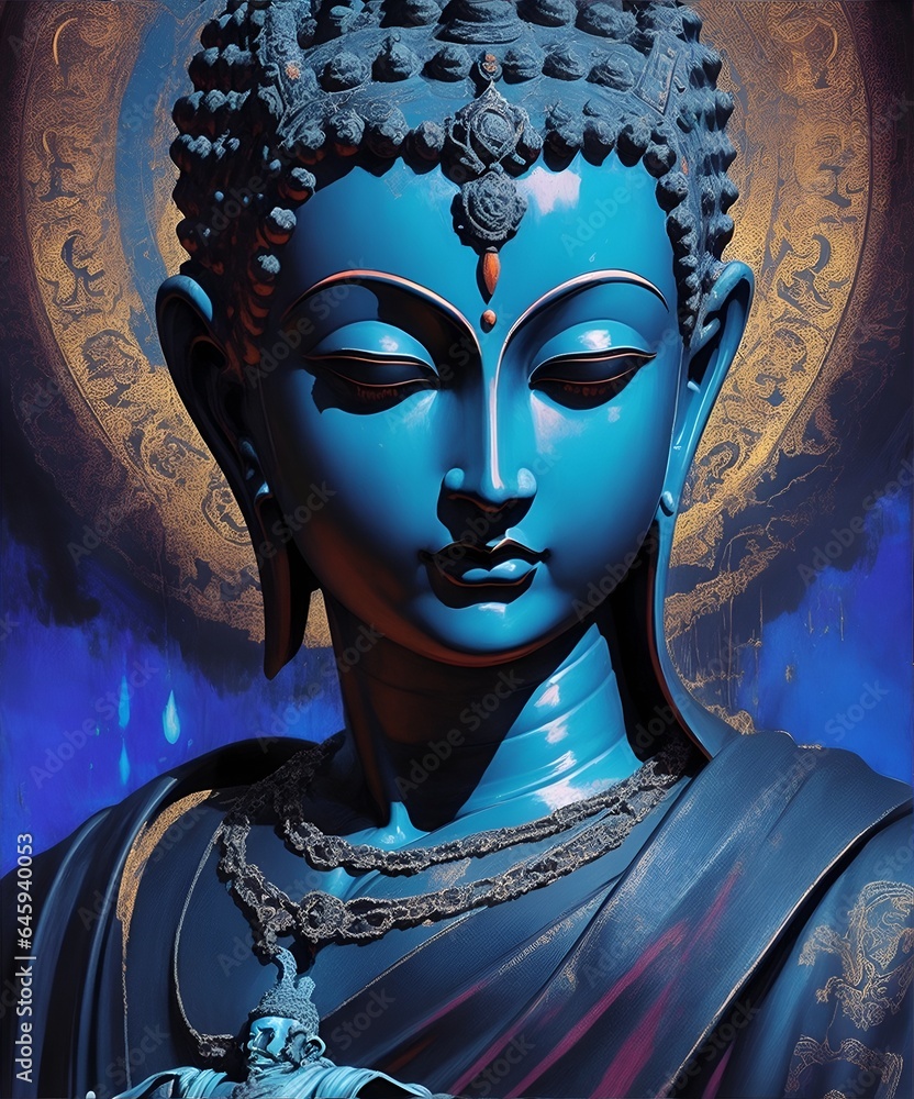 Statue of God Buddha. Decorative digital 2D painting. Color ...