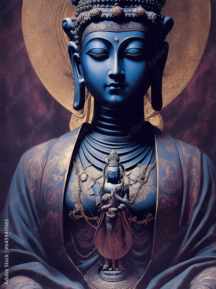 Statue of God Buddha. Decorative digital 2D painting. Color ...