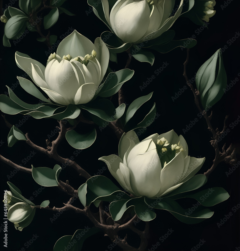 White magnolias. Decorative digital 2D painting. Color illustration for ...